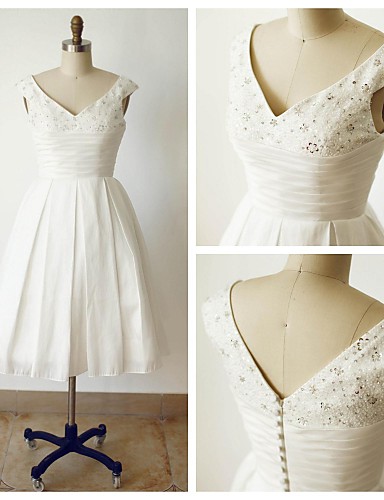 A Line Wedding Dress Ivory Tea Length V Neck Satin 4797155 2016 99 99